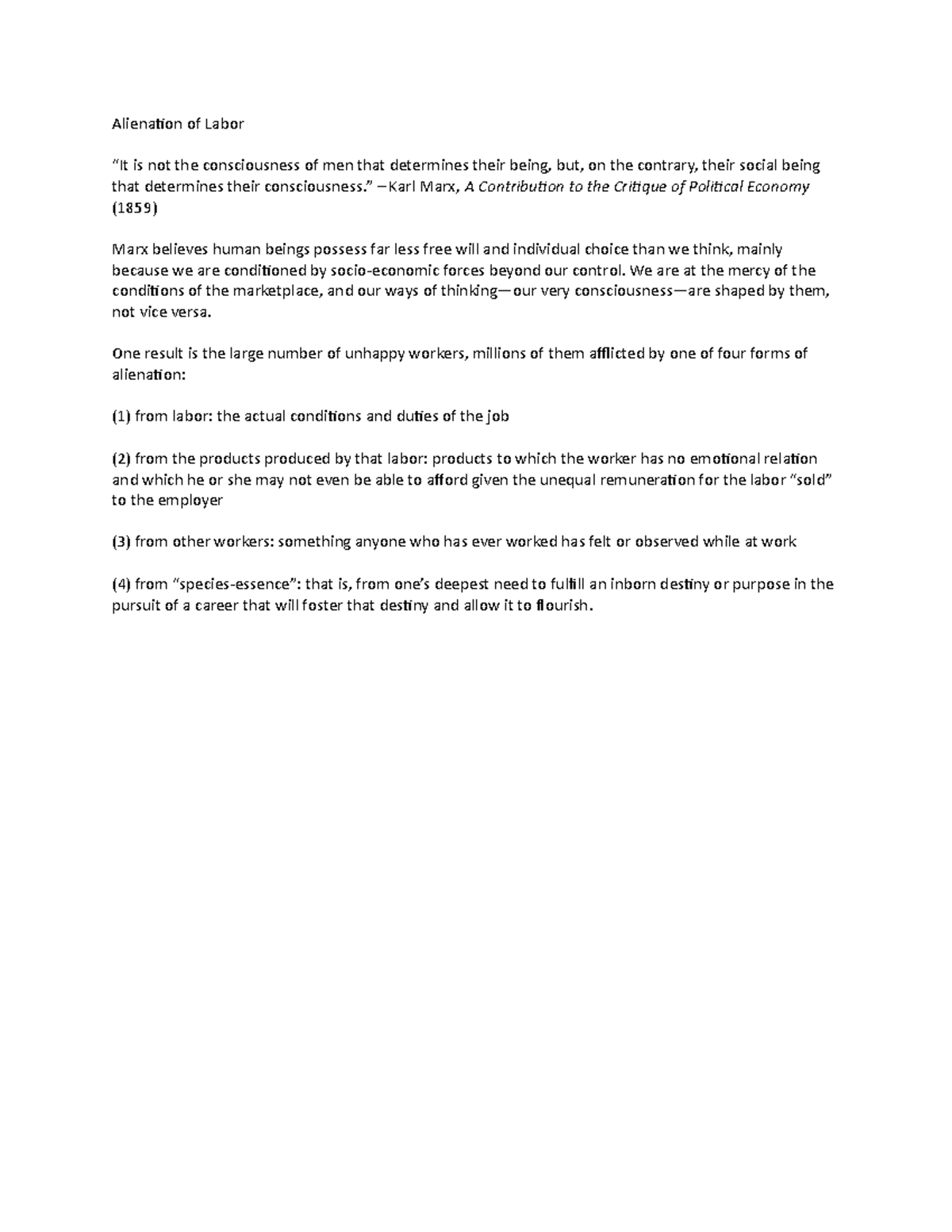Alienation of Labor - Grade: b - ENGL 102B - Studocu