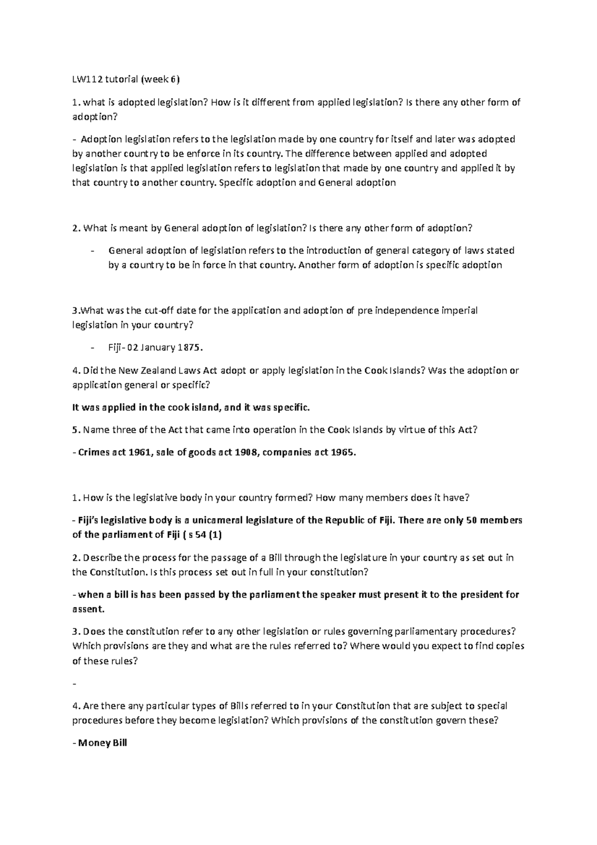 LW112 tutorial week 6 - The difference between applied and adopted legislation is that applied ...