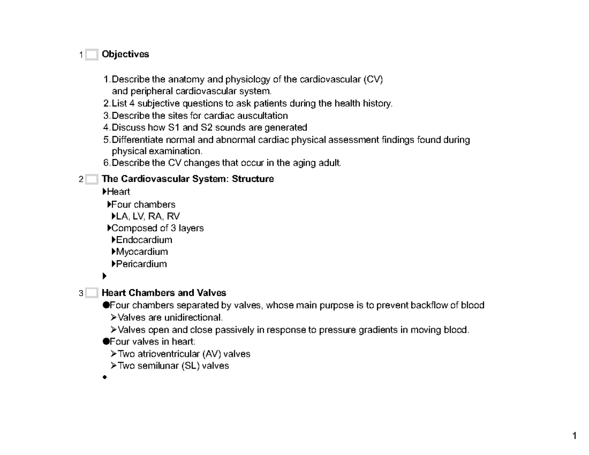 N212 Cardiac Assessment-1-1 - 1 Objectives 1 the anatomy and physiology ...