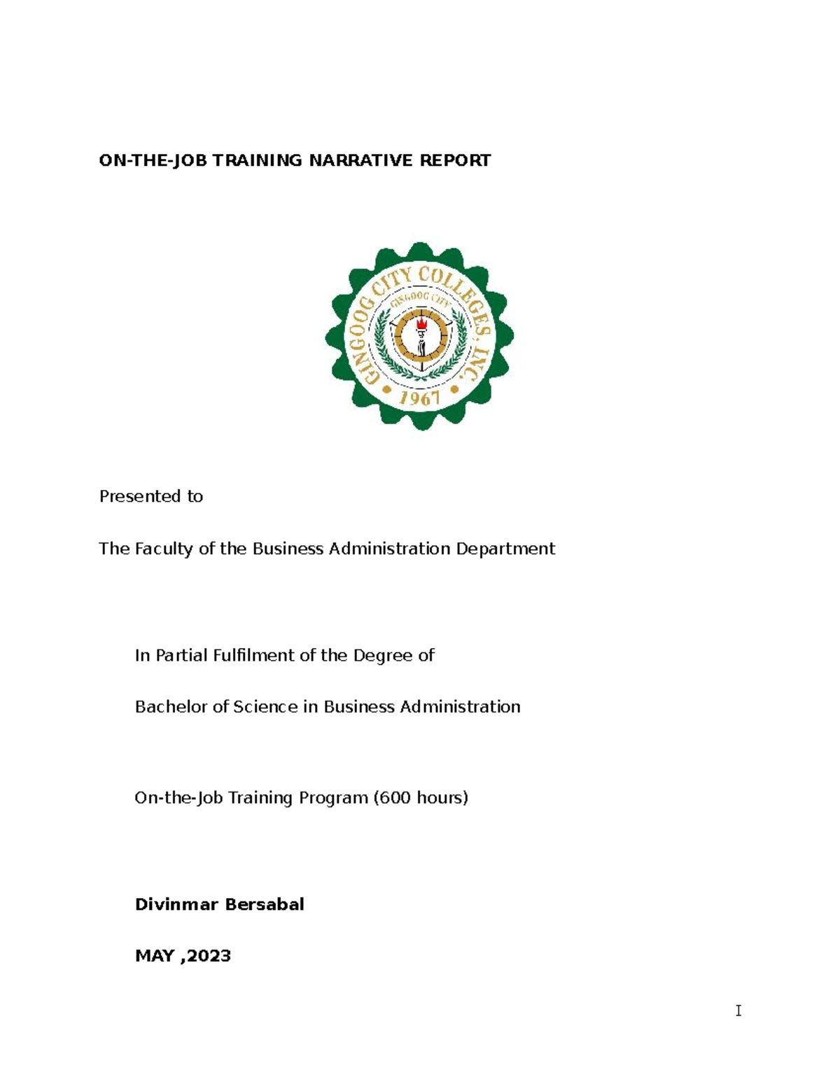 Divinmar Bersabal Narrative Report - ON-THE-JOB TRAINING NARRATIVE ...