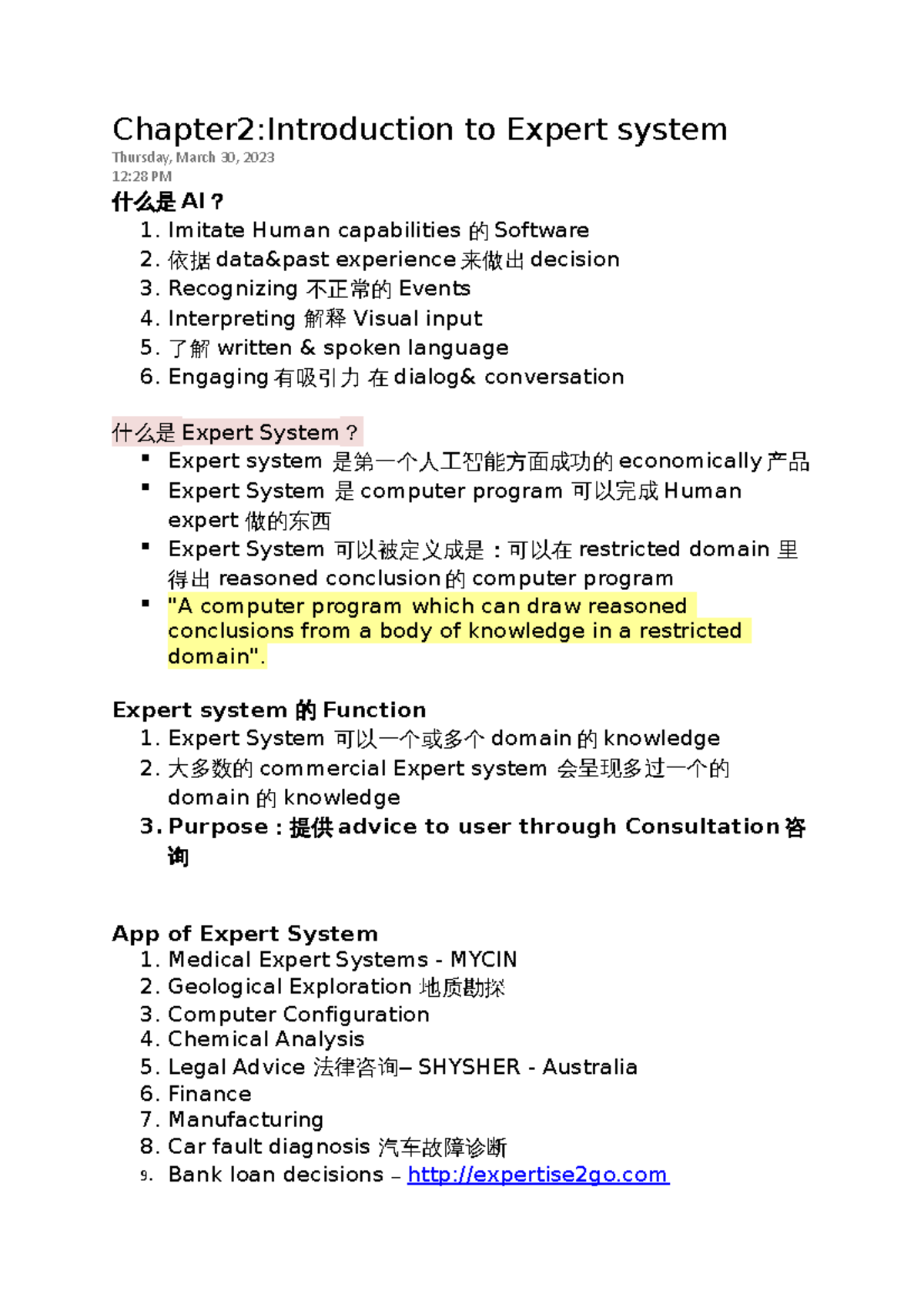 IAI Chapter 1&2&3 Notes - Chapter2:Introduction to Expert system ...