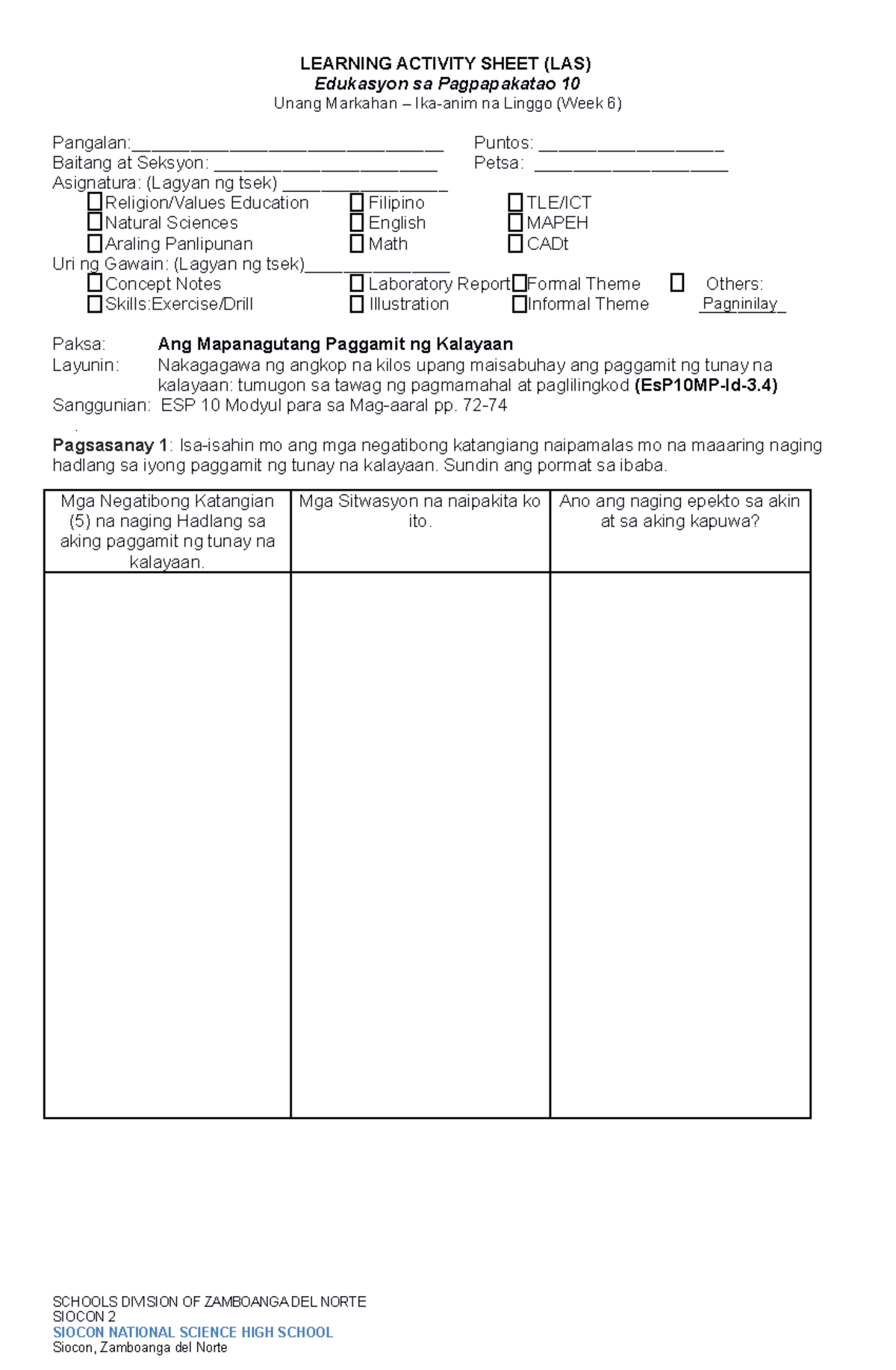 LAS 6 kalayaan - Values Education - LEARNING ACTIVITY SHEET (LAS ...