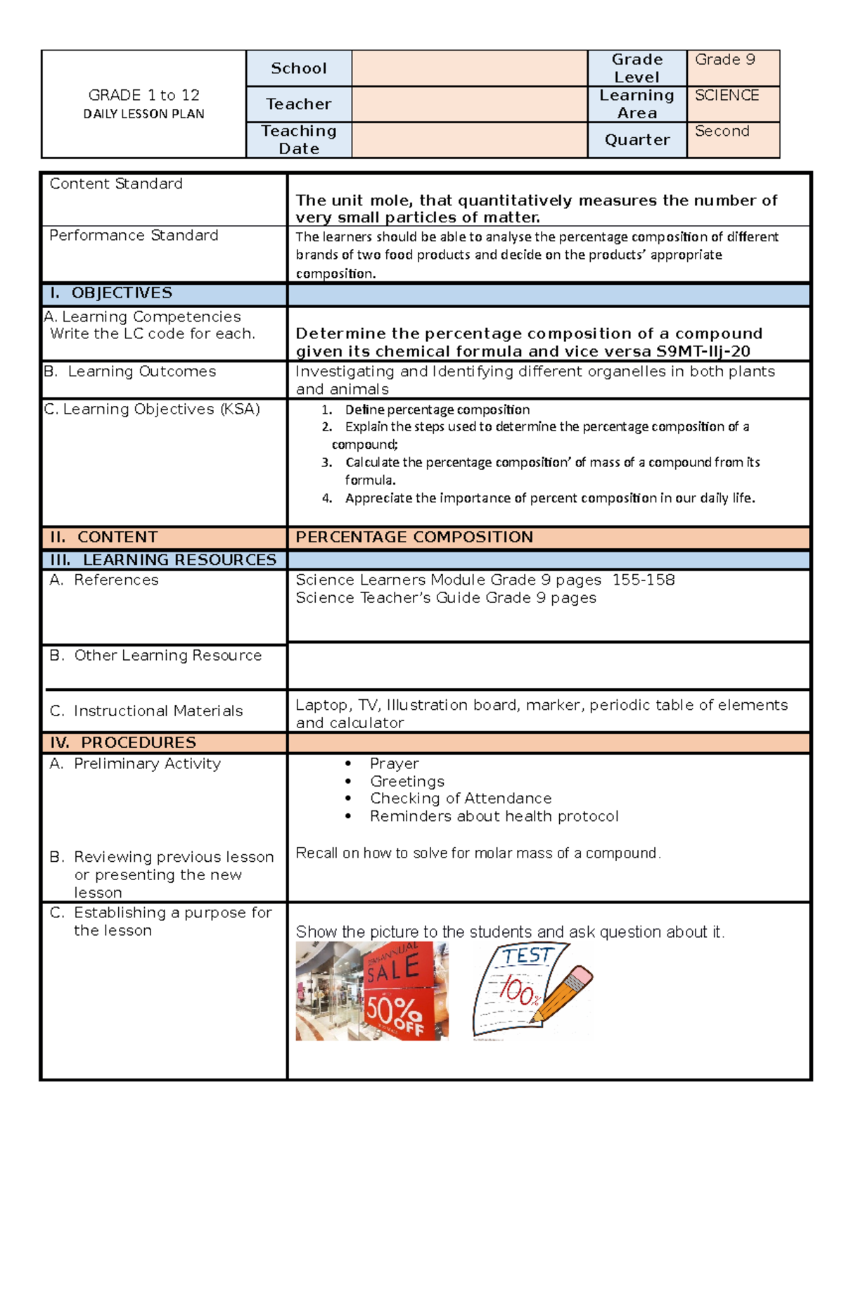 Percentage Composition Lesson Plan GRADE 1 To 12 DAILY LESSON PLAN 