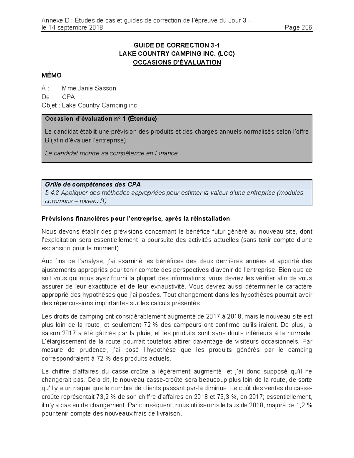 3 - note pédagogique - le 14 septembre 2018 Page 206 GUIDE DE CORRECTION 3- LAKE COUNTRY CAMPING ...