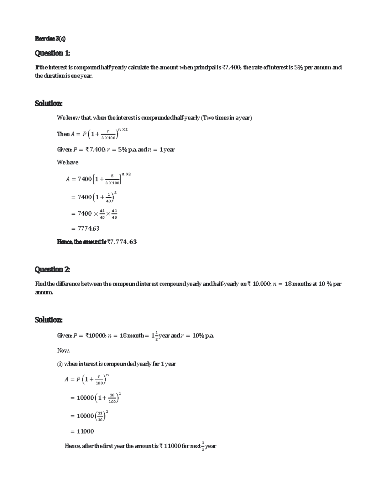 Concise 9 Compound Interest (Using Formula) [Part 2] - Exercise 3 (c ...
