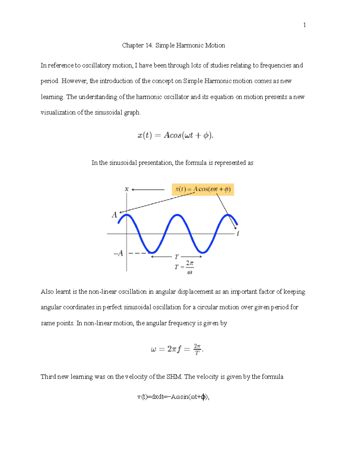 Chapter 14 - Phyc 122 course work study - 1 Chapter 14. Simple Harmonic Motion In reference to ...
