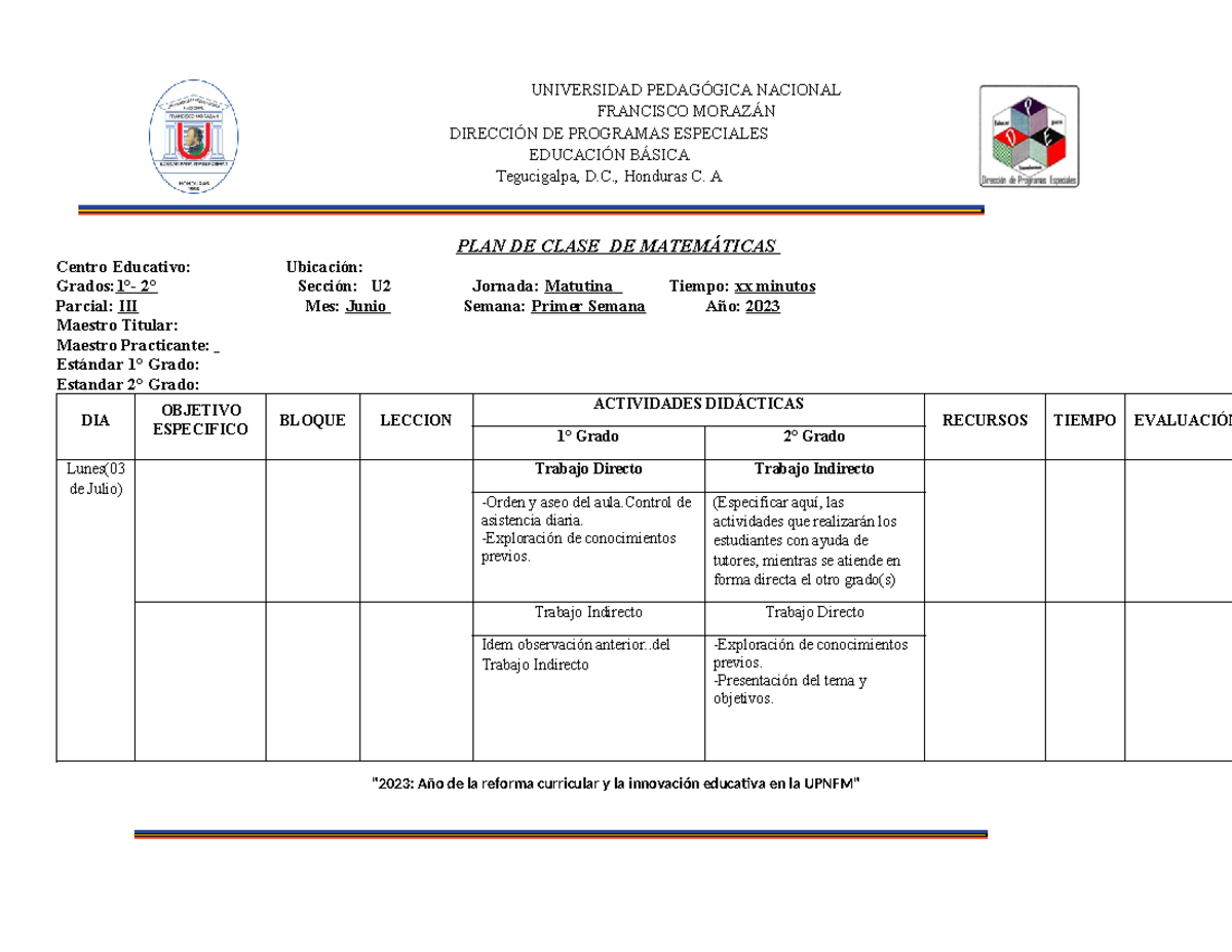 U2 Plan de Clase Multigrado - UNIVERSIDAD PEDAGÓGICA NACIONAL FRANCISCO ...