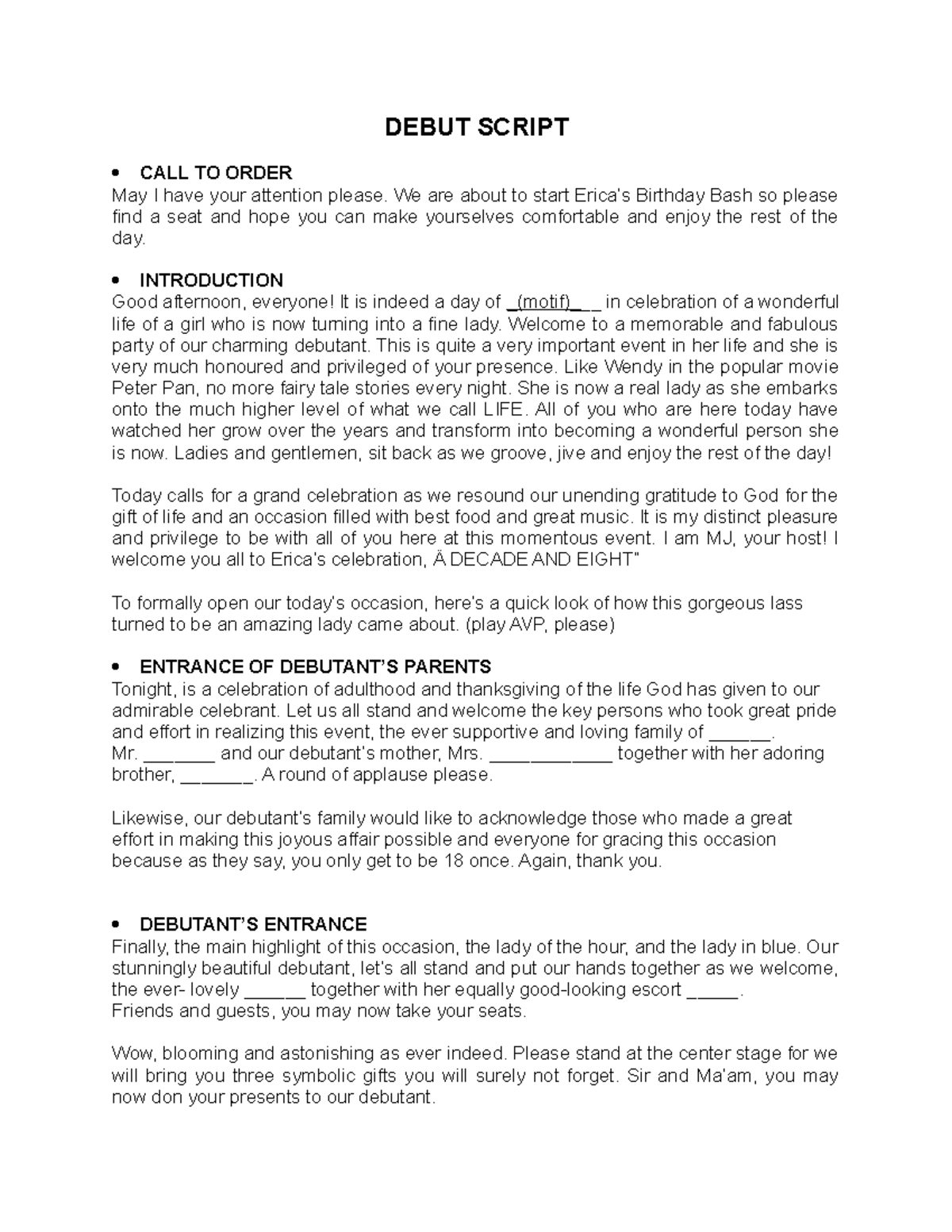 Debut- Script - DEBUT SCRIPT CALL TO ORDER May I have your attention ...