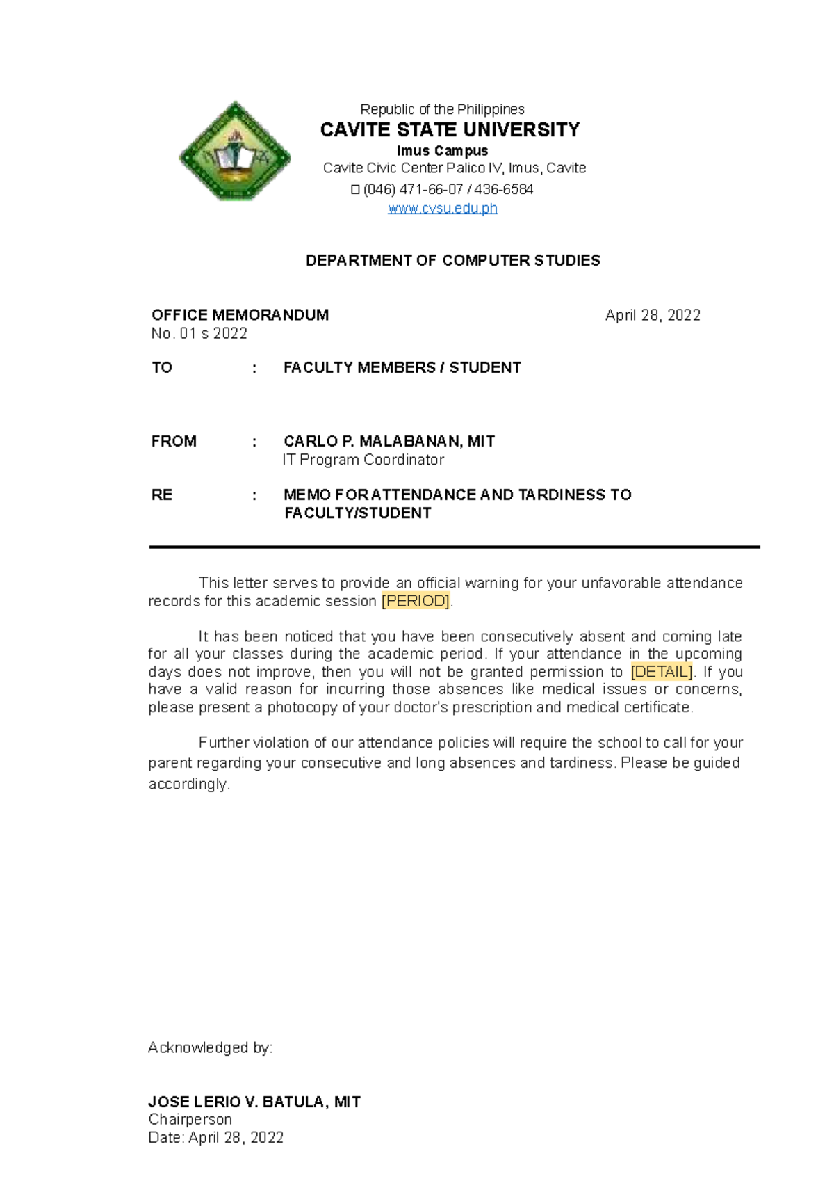 Memo for Latecomers - any - Republic of the Philippines CAVITE STATE ...