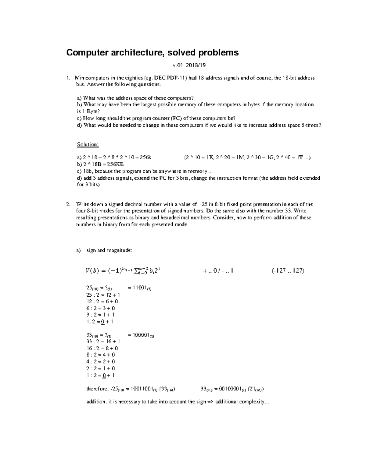 RA avditorne v1 ENG v1 - Computer architecture, solved problems v 2018 ...