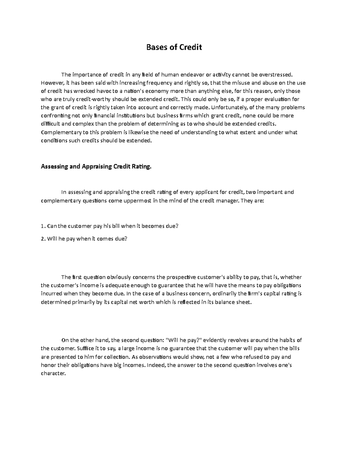 Bases of Credit - Bases of Credit The importance of credit in any field ...