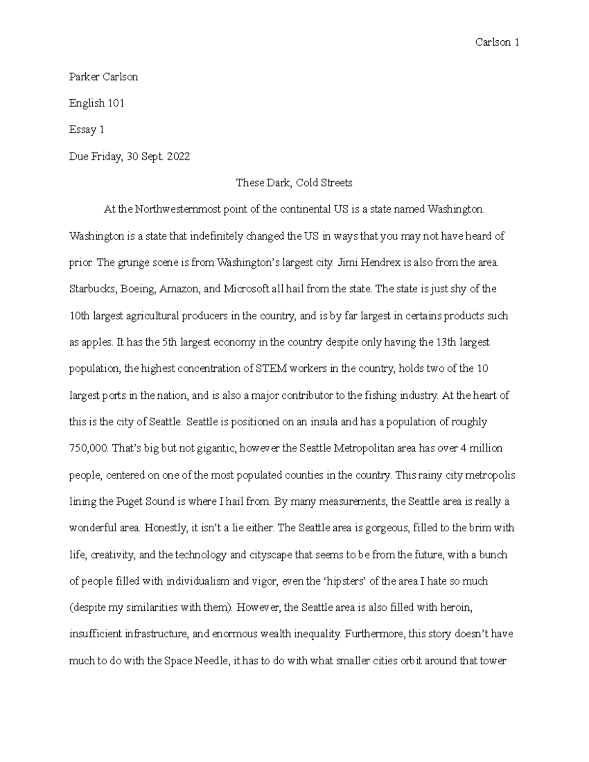 2 Page Essay - Yuh - Carlson 1 Parker Carlson English 101 Essay 1 Due ...