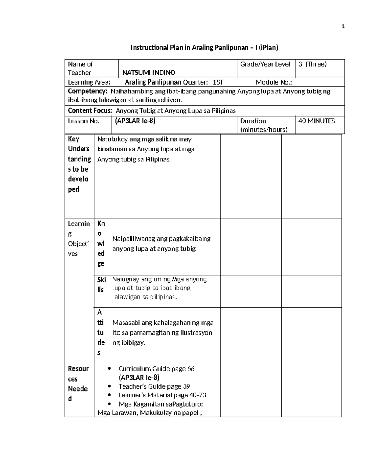 Demo Instructional Plan in Araling Panlipunan - Instructional Plan in ...