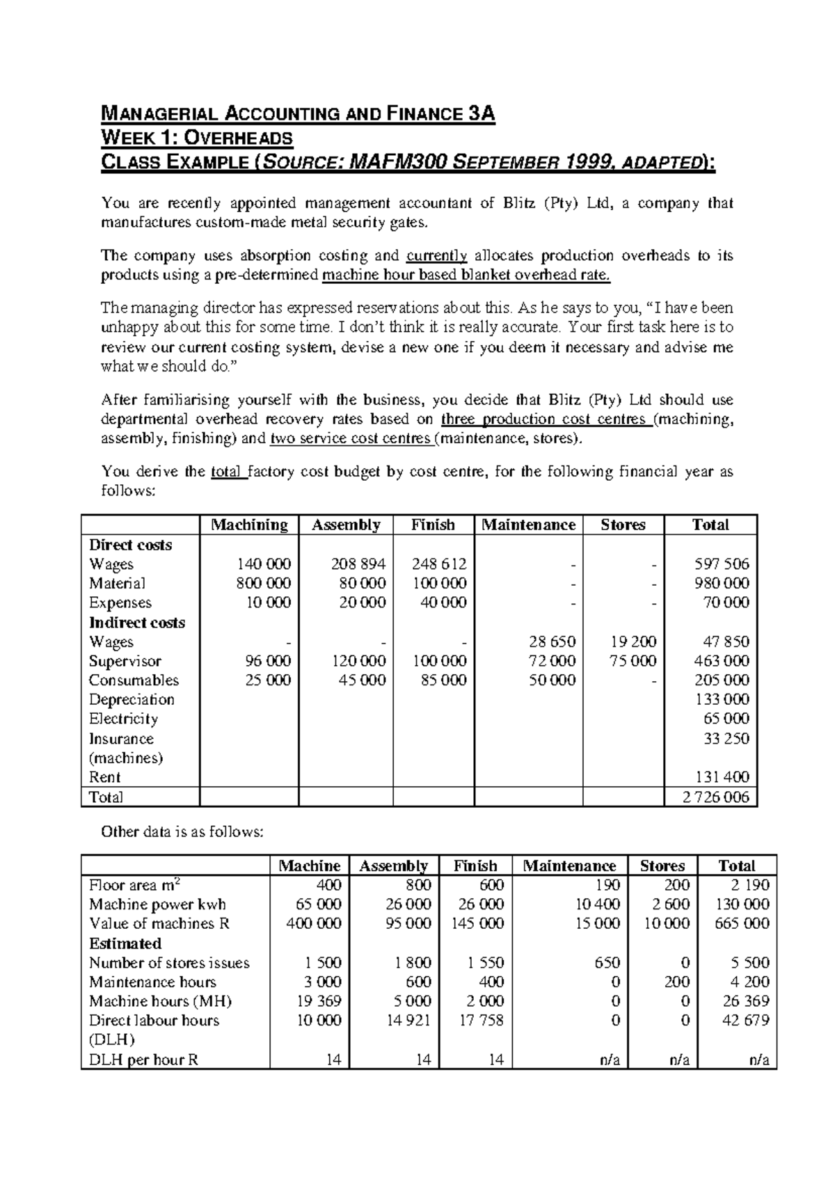 Week 1 Overheads class example scenario - MANAGERIAL ACCOUNTING AND ...