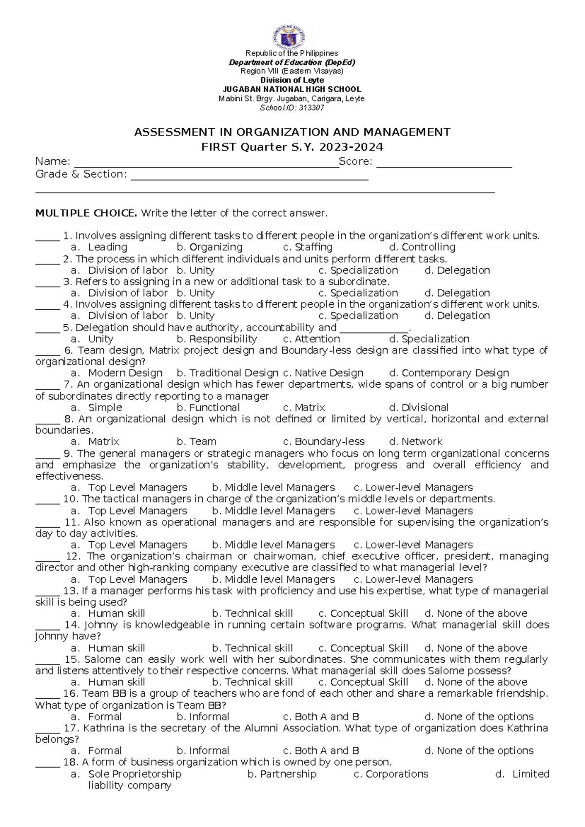 Assessment Org&Mgt - Republic of the Philippines Department of ...