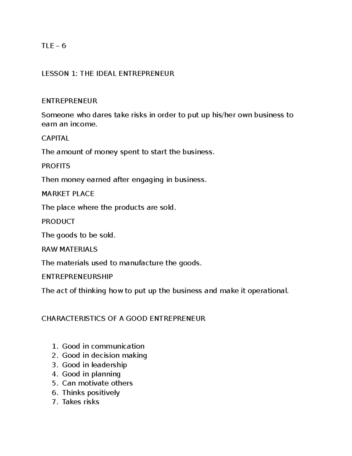 TLE-6 - HELPFUL - TLE – 6 LESSON 1: THE IDEAL ENTREPRENEUR ENTREPRENEUR ...
