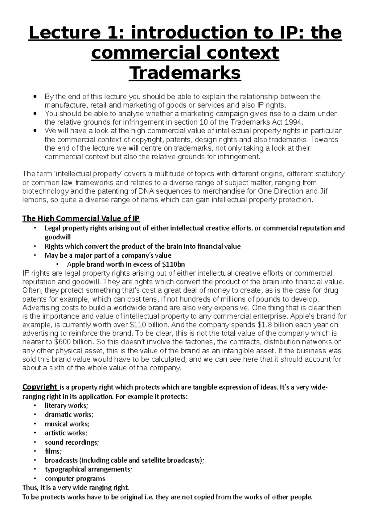 Lecture 1 introduction to IP and an overview - Lecture 1: introduction to IP: the commercial ...