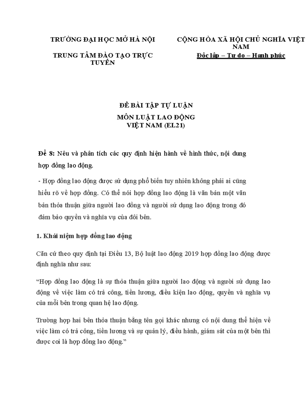 Bai tap luat lao dong - luat - TRƯỜNG ĐẠI HỌC MỞ HÀ NỘI CỘNG HÒA XÃ HỘI CHỦ NGHĨA VIỆT NAM TRUNG ...