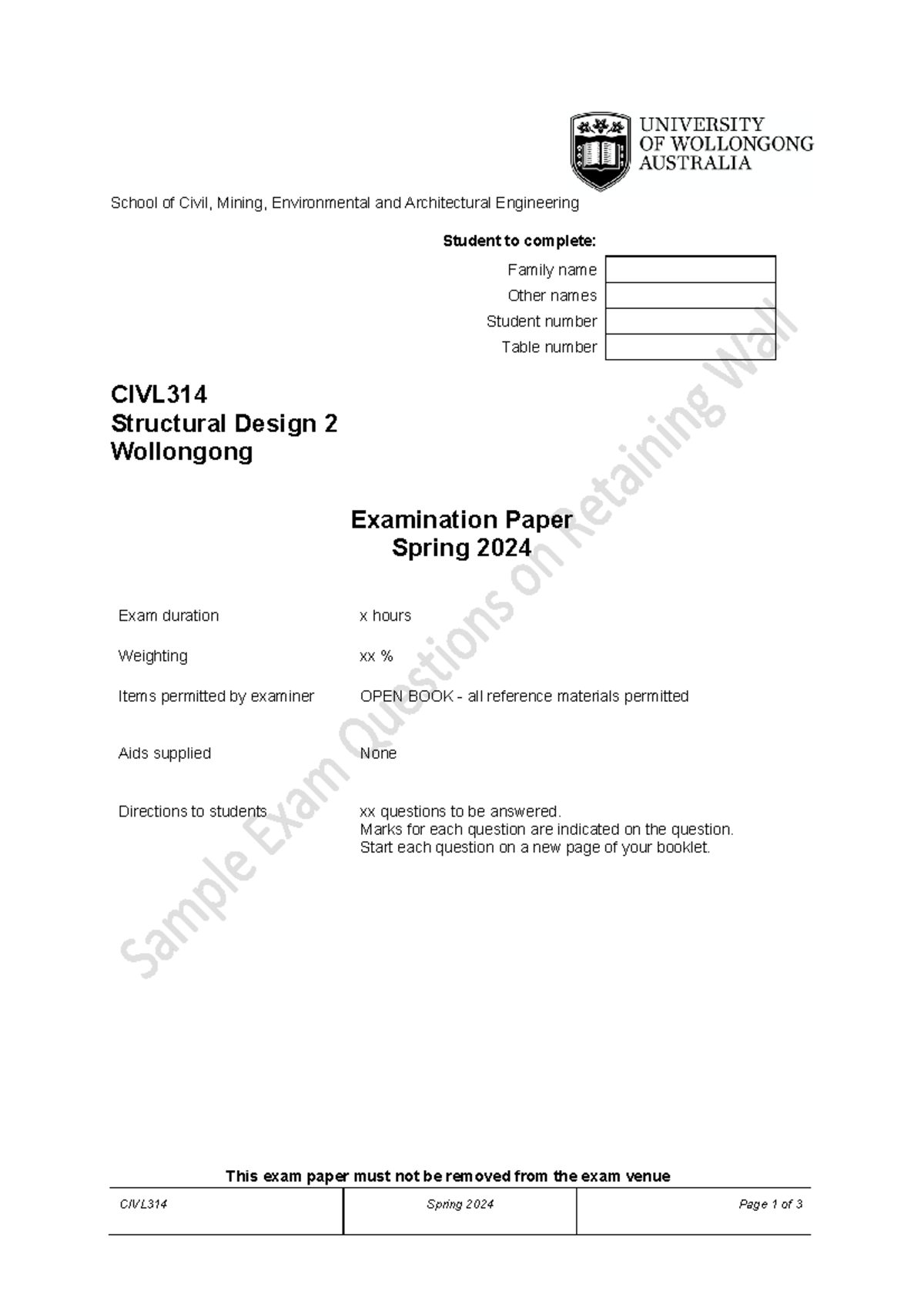 CIVL314 EOS Sample Exam Paper Rinforced Concrete 2024 - This exam paper ...