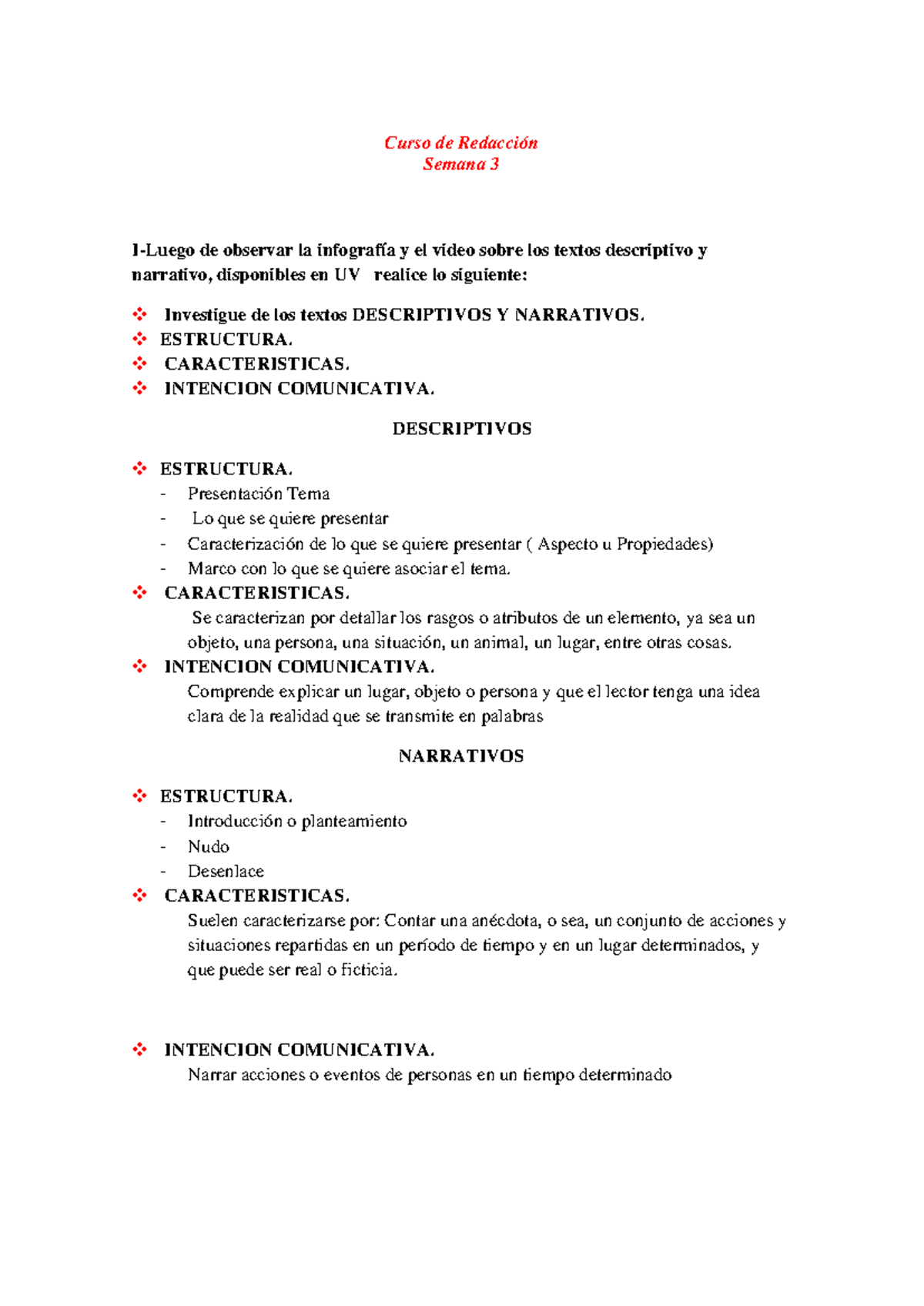 Textos Descriptivos Narrativos - Curso de Redacción Semana 3 I-Luego de ...