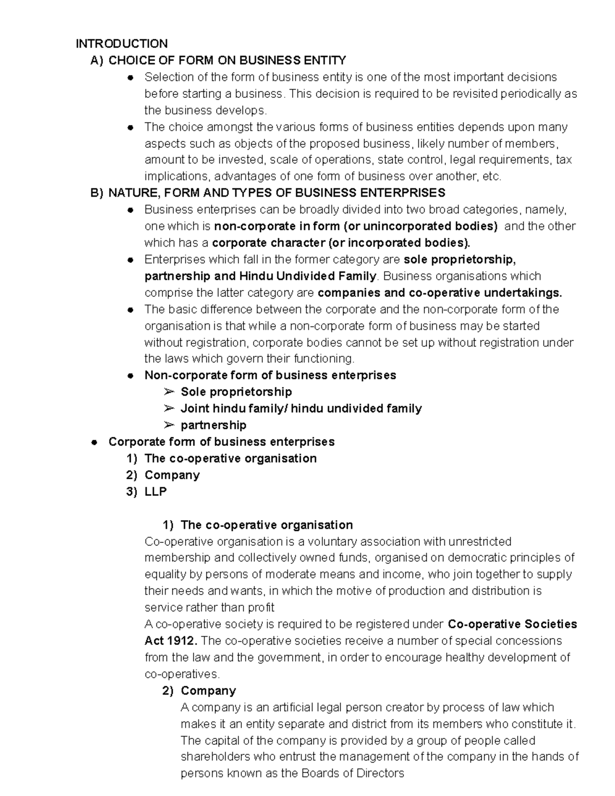 Notes company - INTRODUCTION A) CHOICE OF FORM ON BUSINESS ENTITY ...