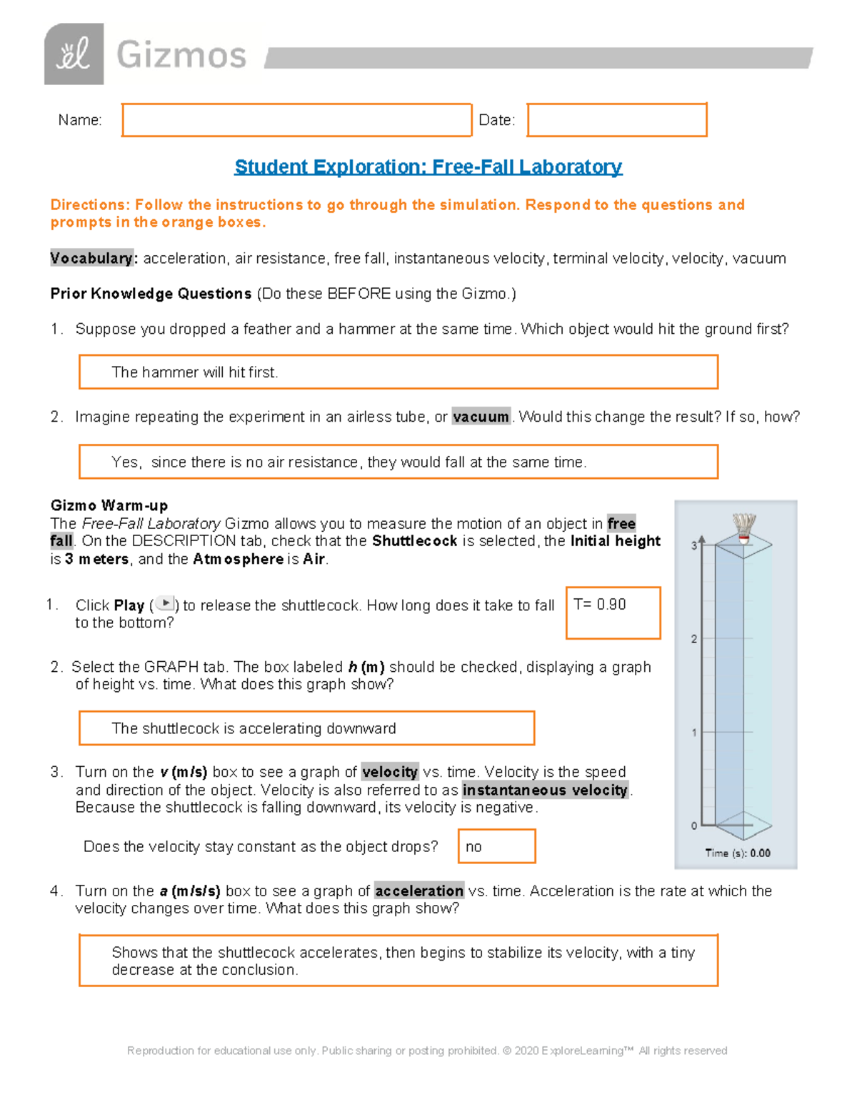 Copy of Free Fall SE - fall - Name: Date: Student Exploration: Free ...
