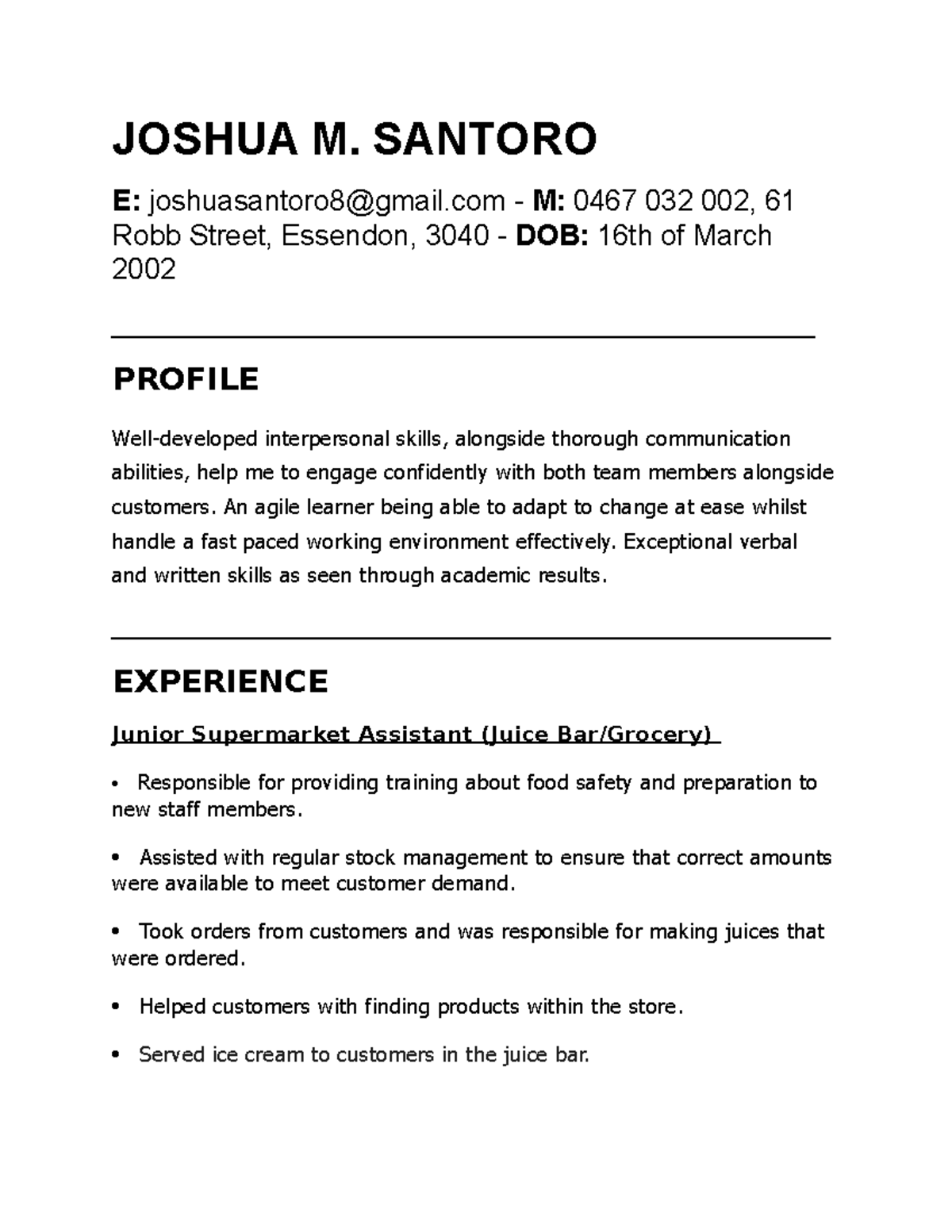 Melbourne Zoo Resume - hello my name is - JOSHUA M. SANTORO E ...