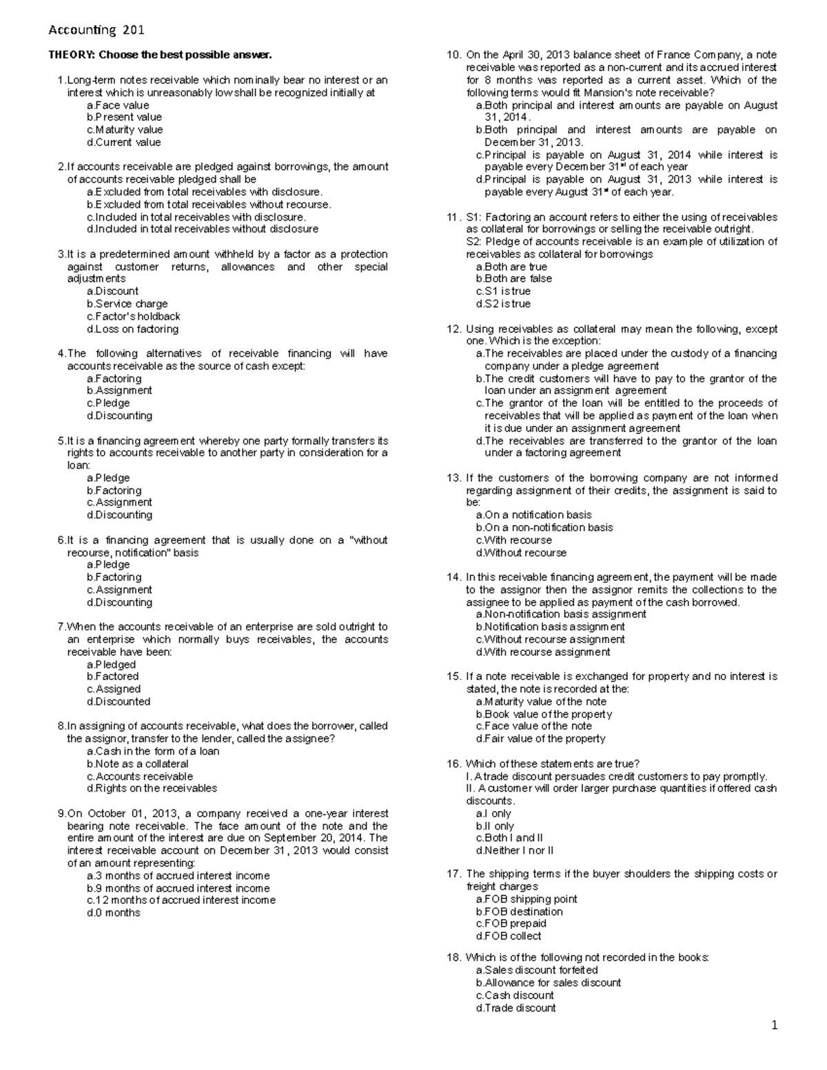 Sample/practice exam 16 September 2018, questions - Accounting 201 ...