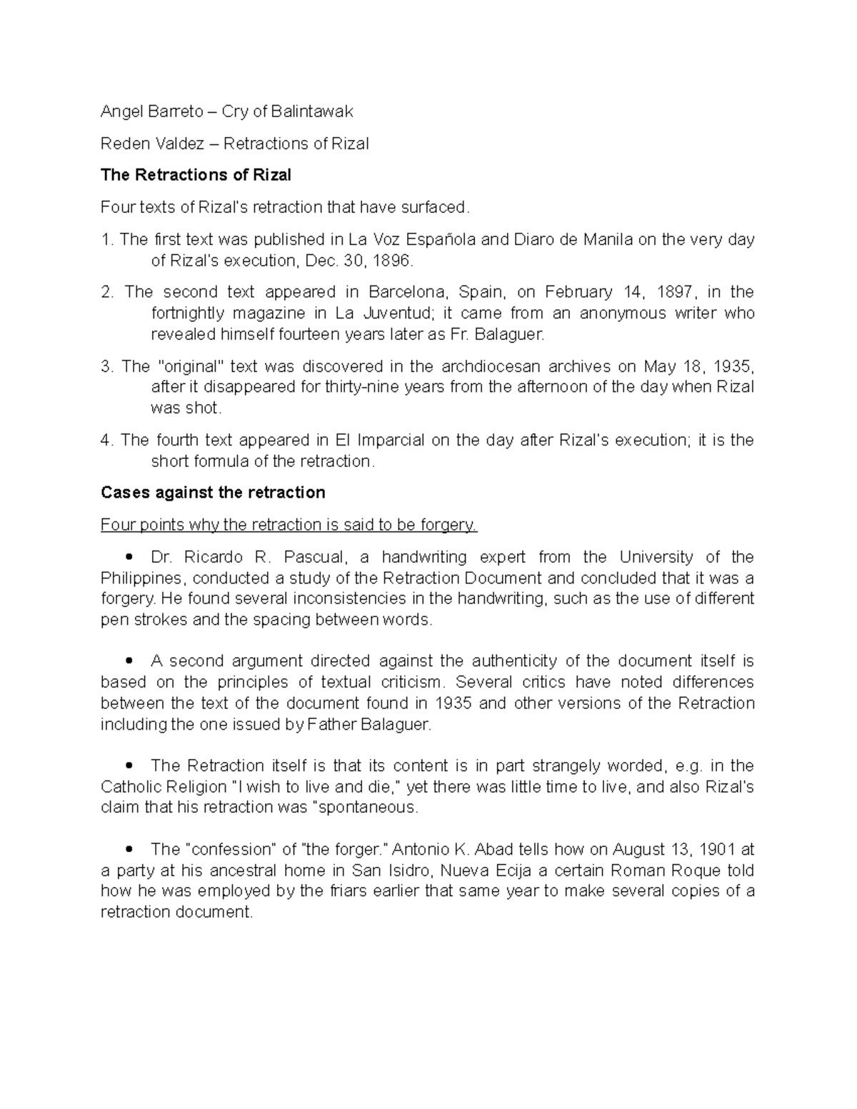The Retractions of Rizal - Angel Barreto – Cry of Balintawak Reden ...