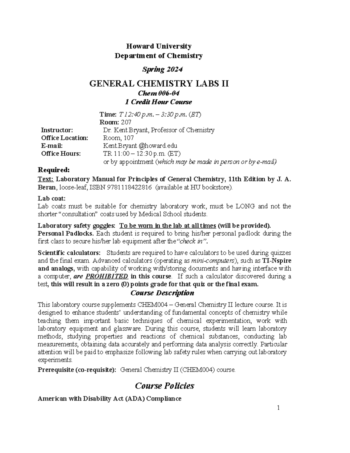Spring 2024 General Chemistry 2 Lab Syllabus Chem006-04 - Howard University Department of ...