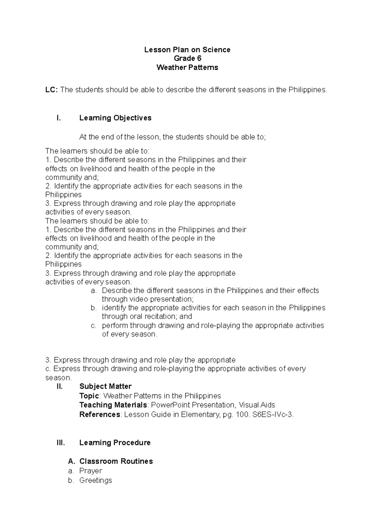 LP- Edscie 2- Draft - Science - Lesson Plan on Science Grade 6 Weather ...
