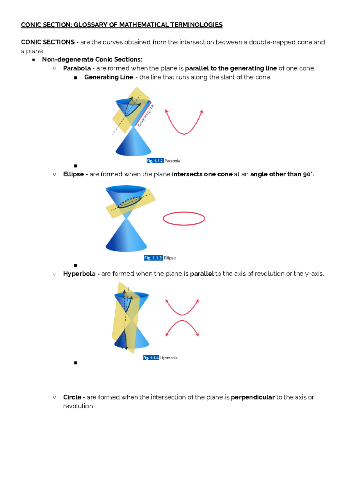 PRE-CAL - CONIC SECTION: GLOSSARY OF MATHEMATICAL TERMINOLOGIES CONIC ...