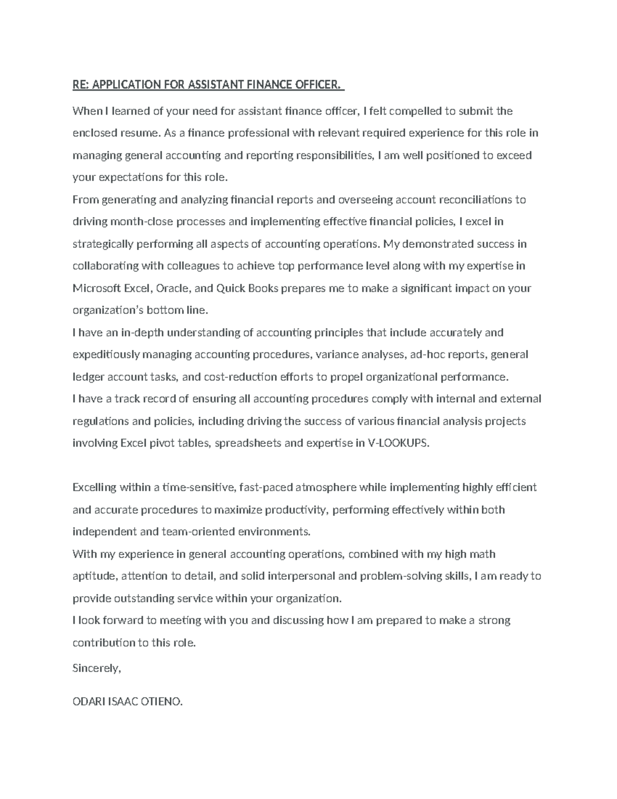 Assistant Finance Officer. Application - RE: APPLICATION FOR ASSISTANT ...