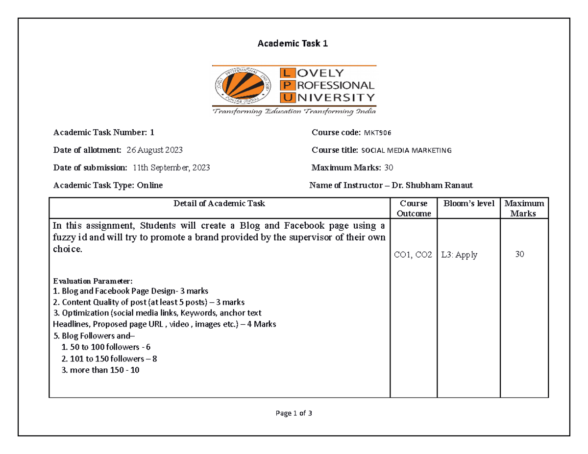 Lovely - nobr ofv - Academic Task 1 Academic Task Number: 1 Course code ...