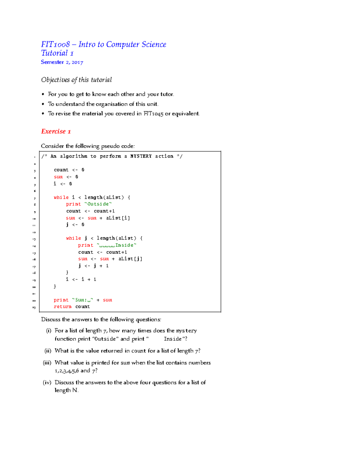 Tute1 - FIT 1008 – Intro to Computer Science Tutorial 1 Semester 2 ...