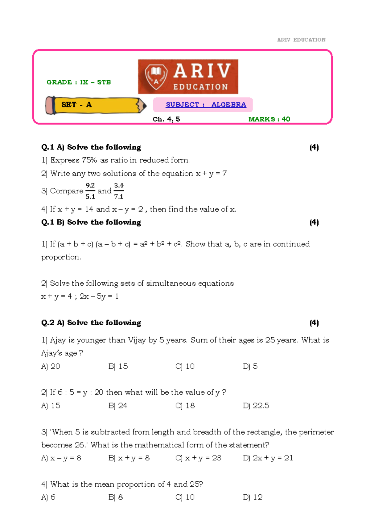 Chapter 4 and 5 - notes - ARIV EDUCATION SUBJECT : ALGEBRA Ch. 4, 5 ...