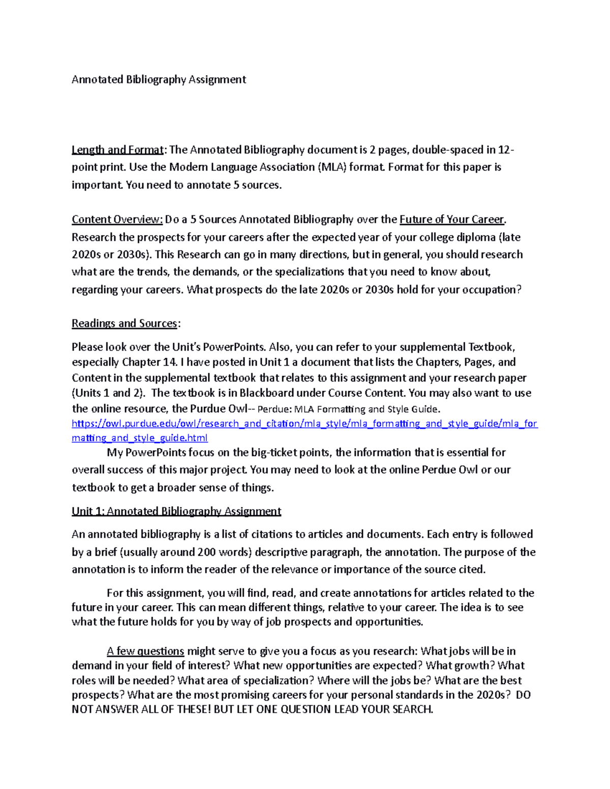Annotated Bibliography Assignment - Use the Modern Language Association ...