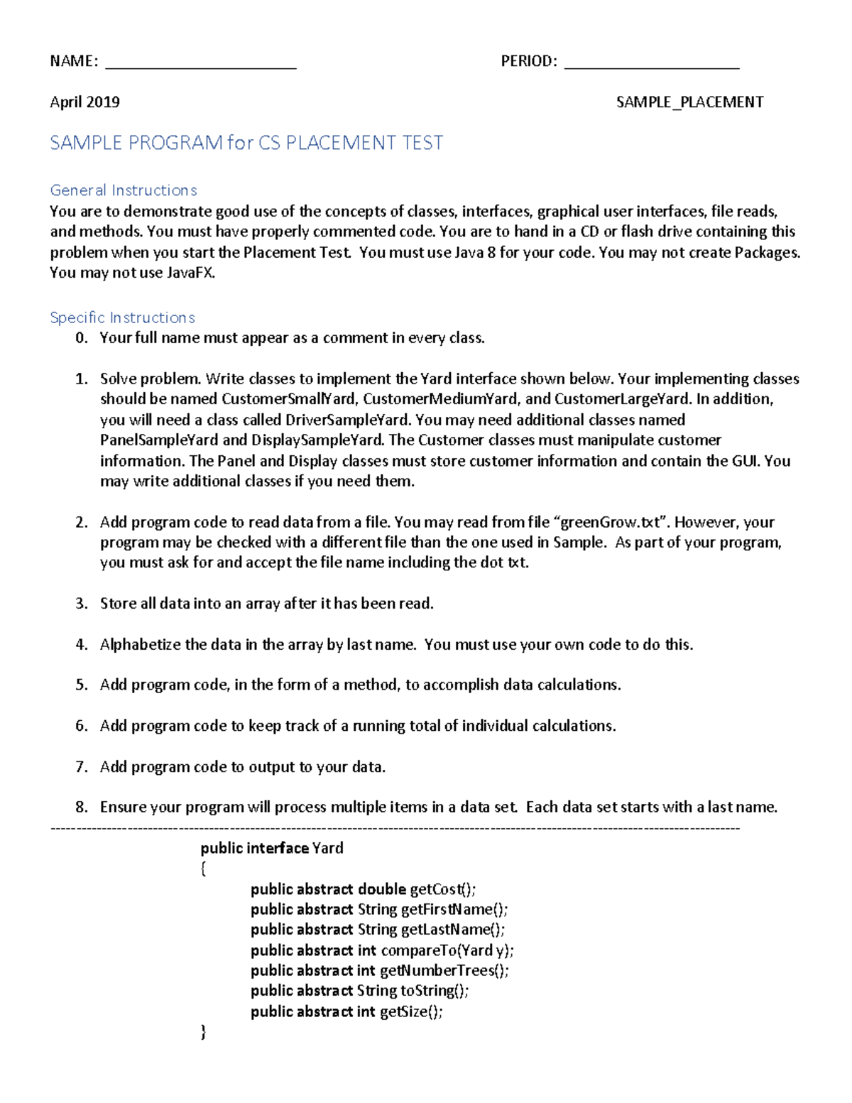 Sample Program CSPlacement Test 2019 - NAME ...