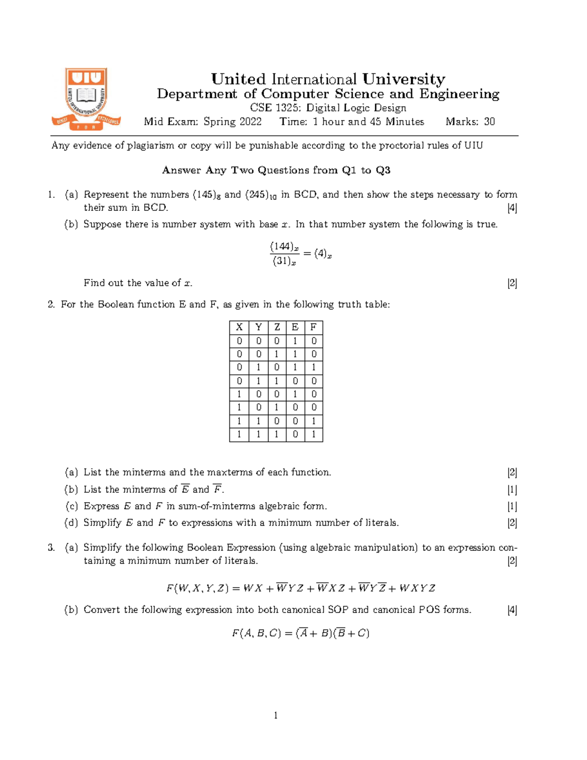 CSE-1325-221 - Mid Question - United International University Department of Computer Science and ...