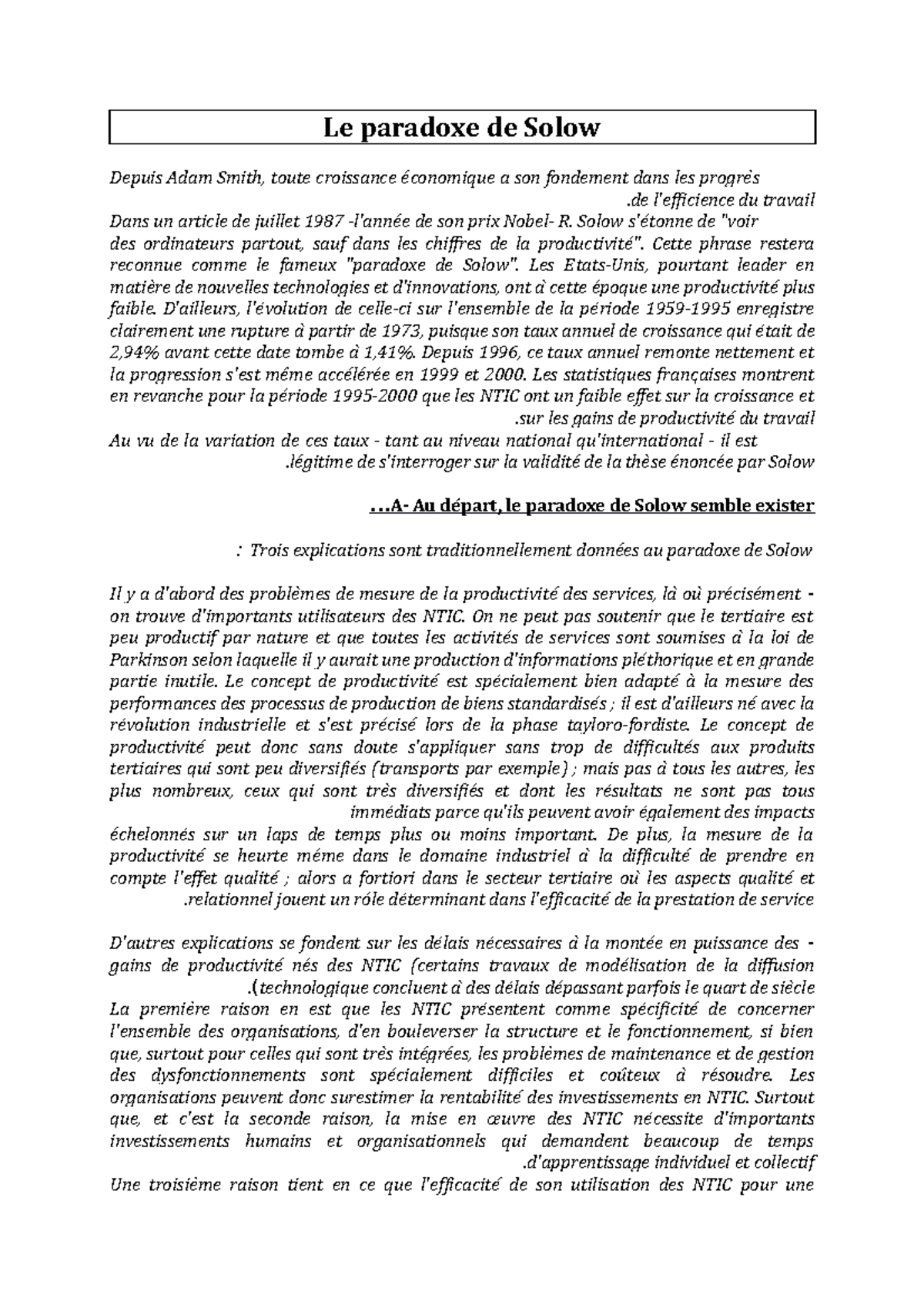 Le paradoxe de Solow - Economie - Macro Economy - EM Lyon - Studocu