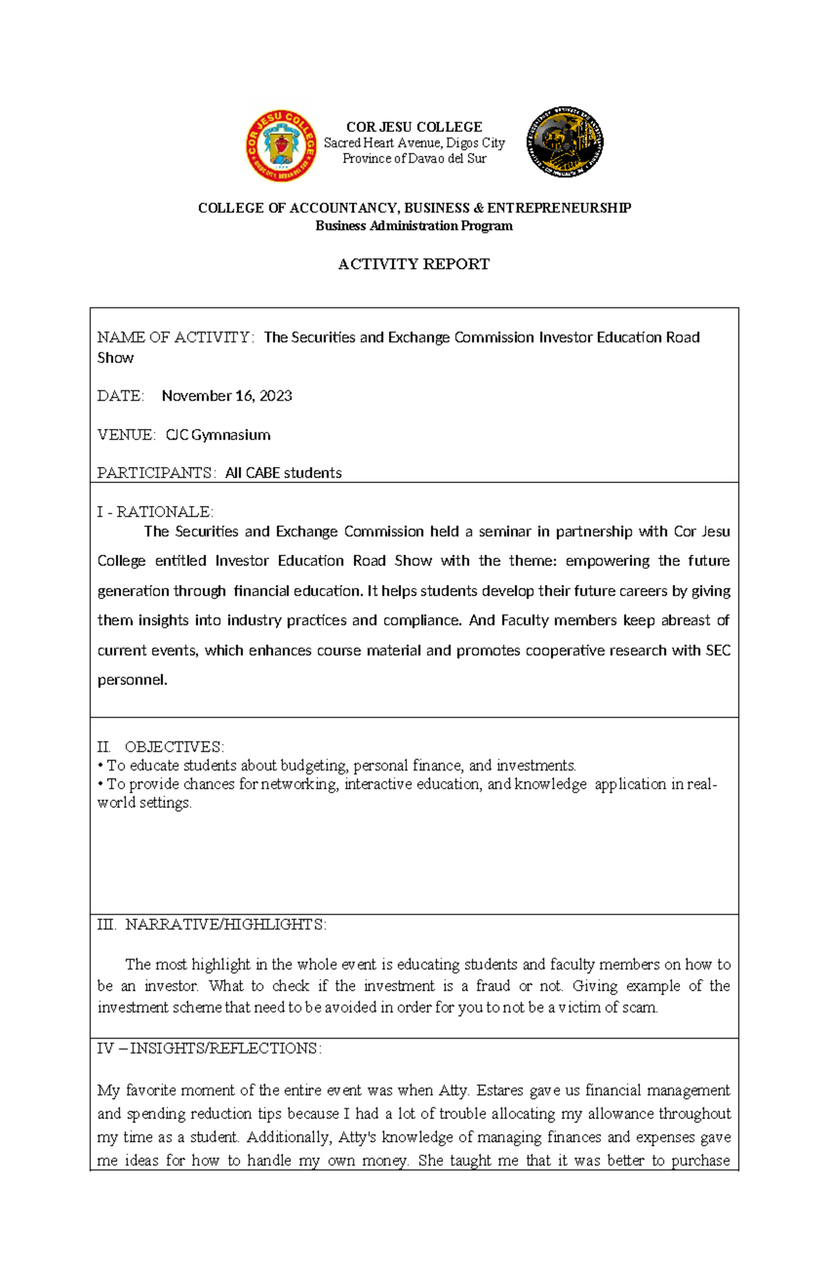 Activity-Report - SDKHUI - COR JESU COLLEGE Sacred Heart Avenue, Digos ...