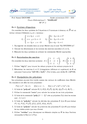 Devoir 2 Matlab avec Solution 2019-2020 - Outils Logiciels (MatLab, Psim) - Studocu