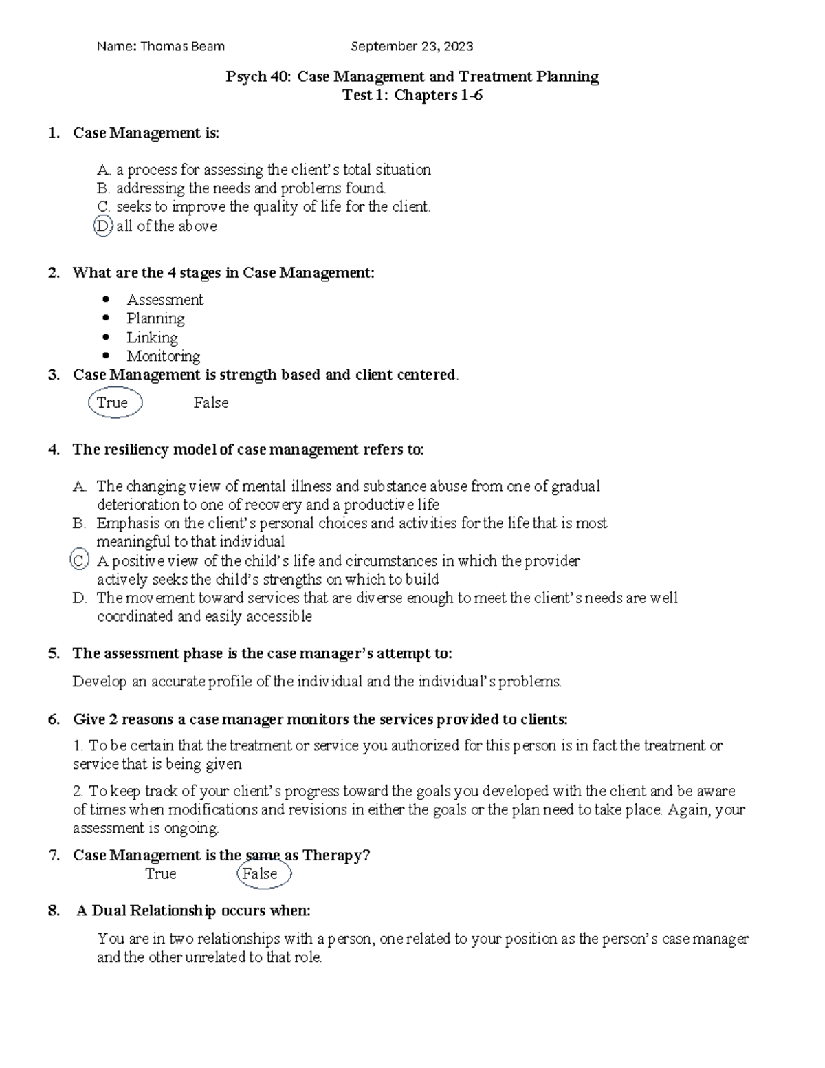 Test 1 chs 1-6 - Test on chapters one through six on fundamentals of ...