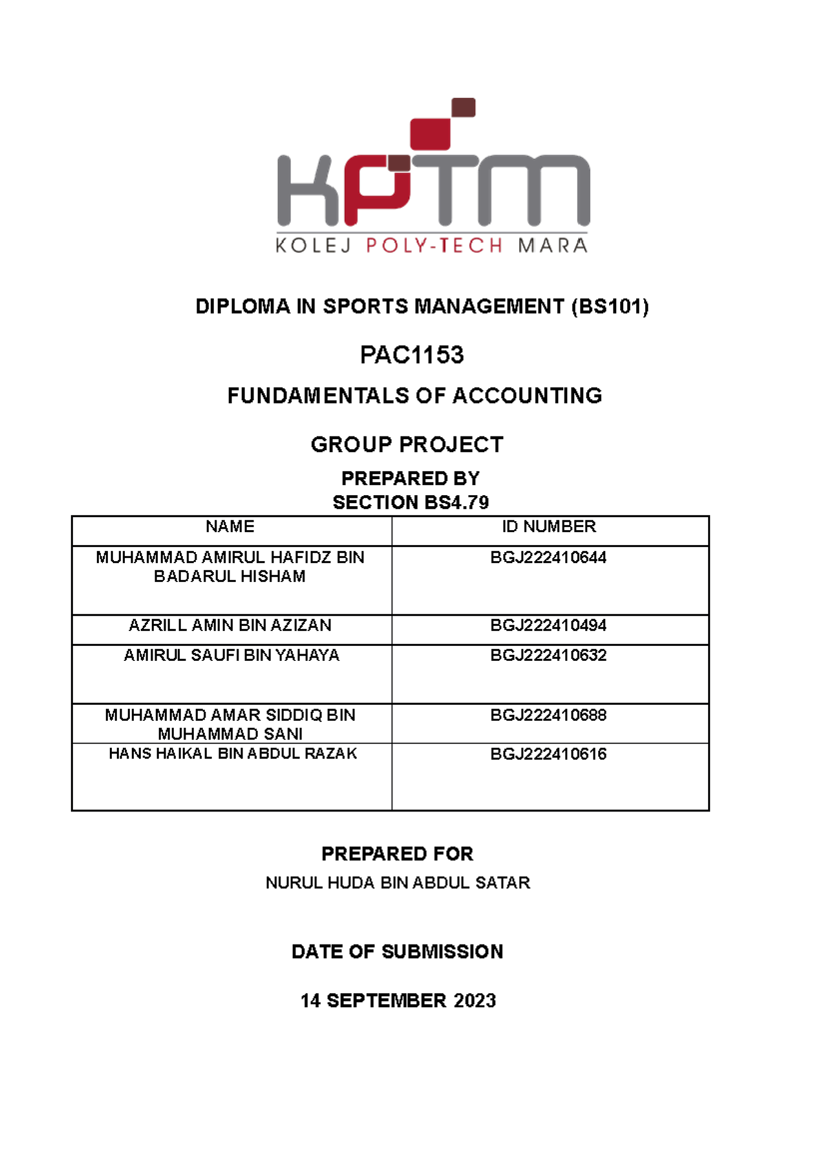 MOVE PRO Report - DIPLOMA IN SPORTS MANAGEMENT (BS101) PAC FUNDAMENTALS ...