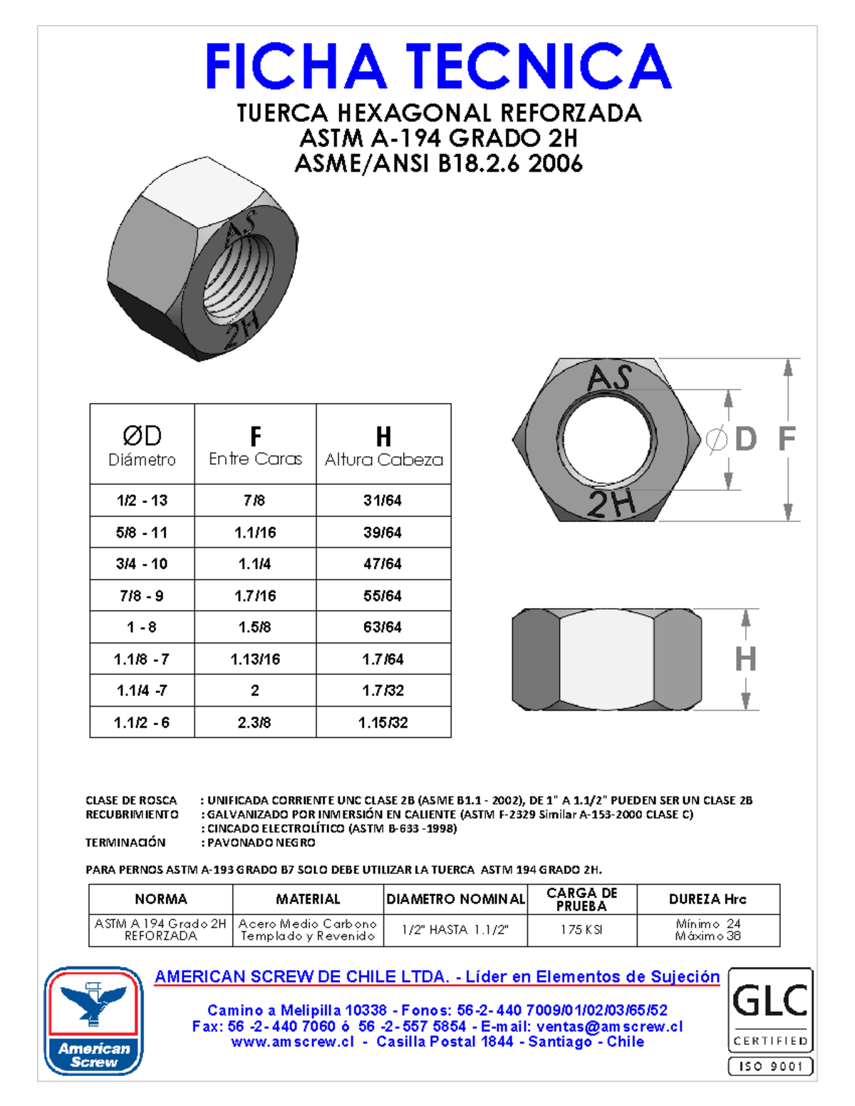 Ficha Tecnica T.H. ASTM A-194 2H - D F H TUERCA HEXAGONAL REFORZADA ...
