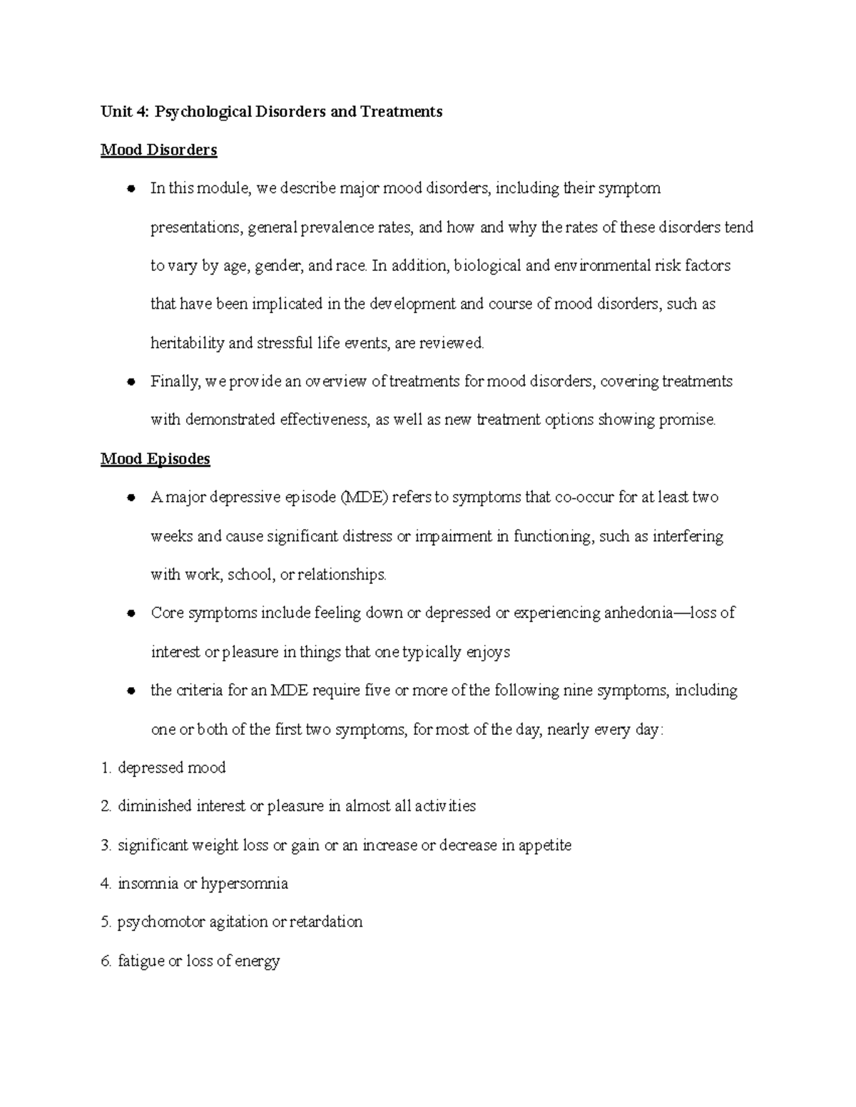 Unit 4 - Psychological disorders and treatments. - Unit 4 ...