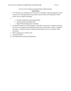 SW 350 Homework #3 - SW 350 9/10/21FRIDAY HOMEWORK QUESTIONS #2 9/10 ...