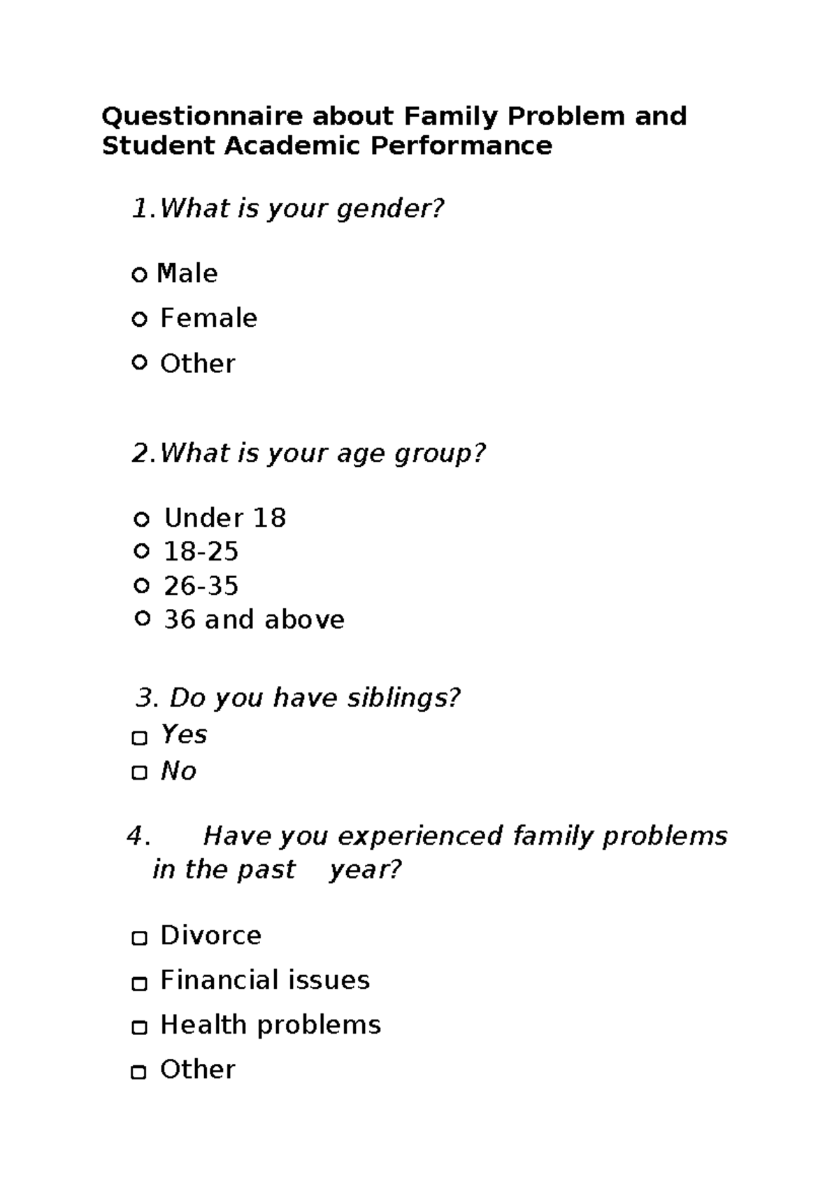 Questionnaire about Family Problem and Student Academic Performance ...