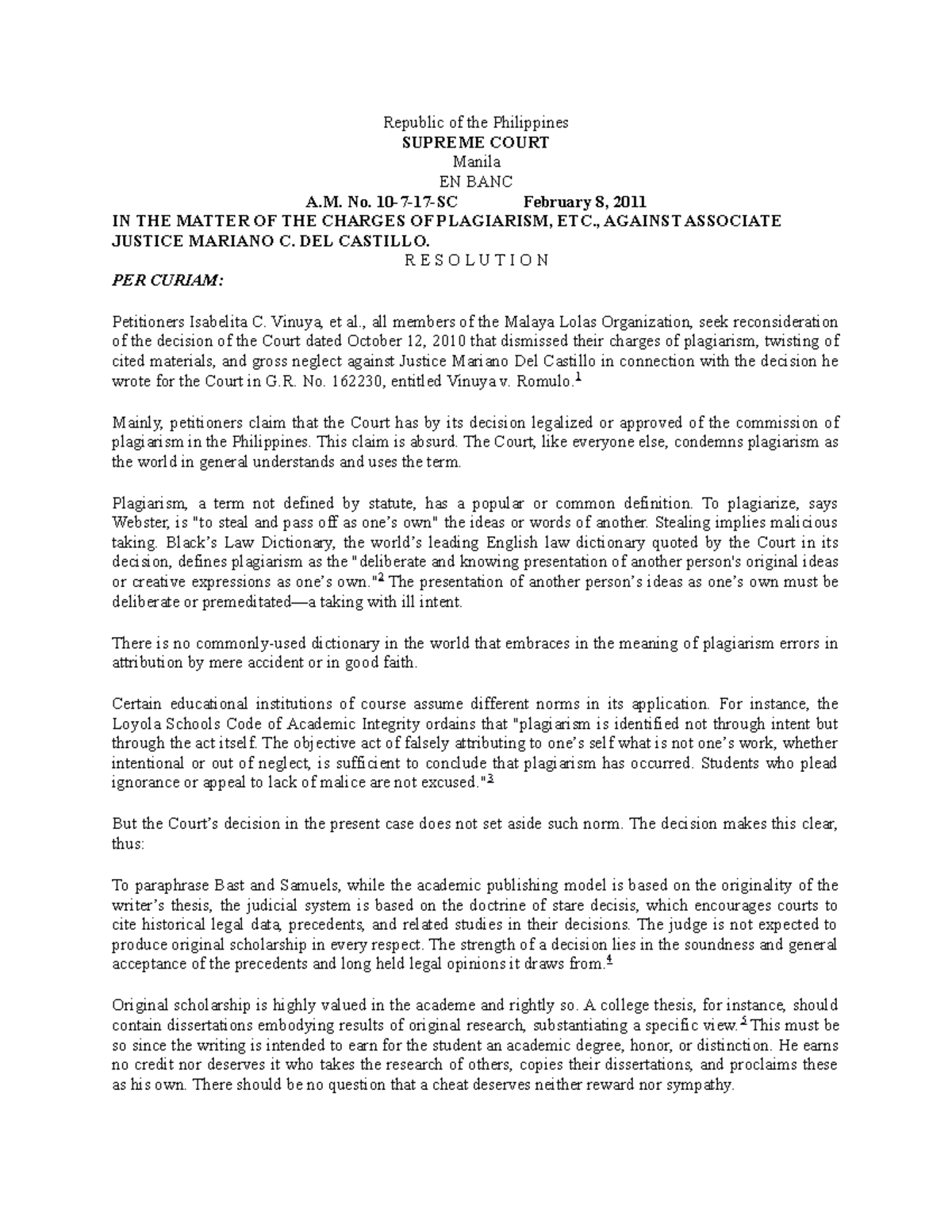 Re the plagiarism case of Justice Castillo - Republic of the ...