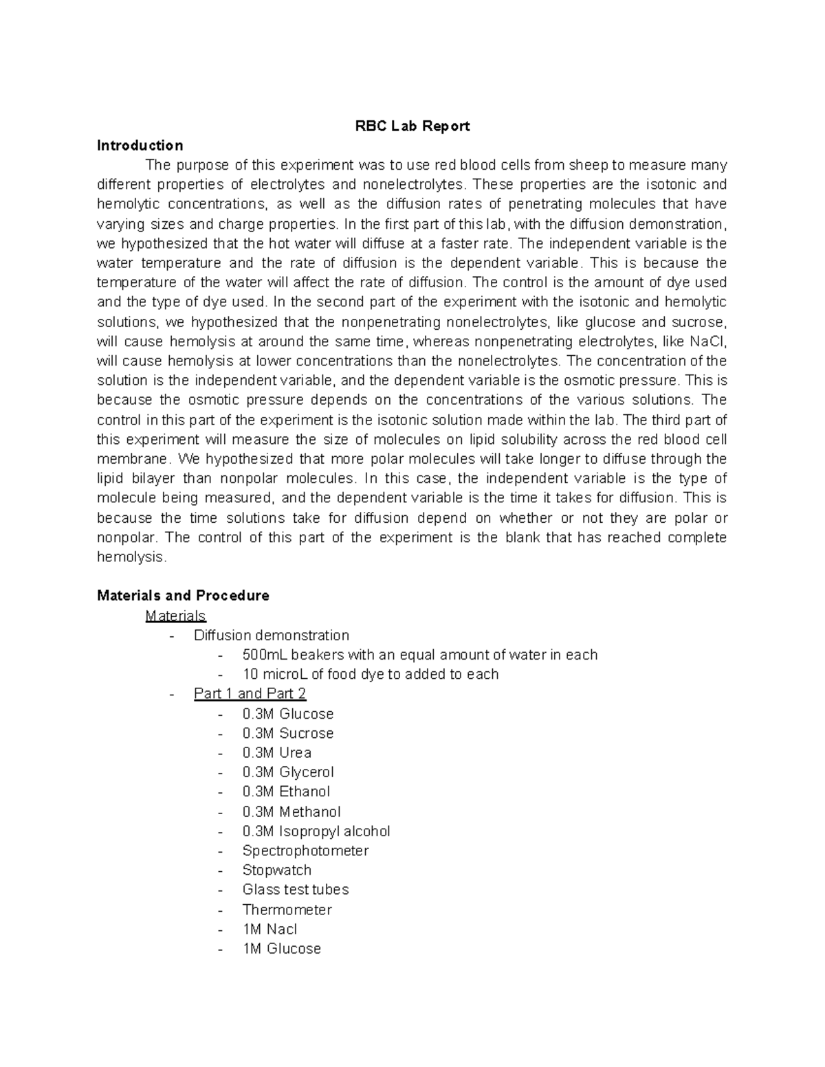 RBC Lab Report - RBC Lab Report Introduction The purpose of this ...